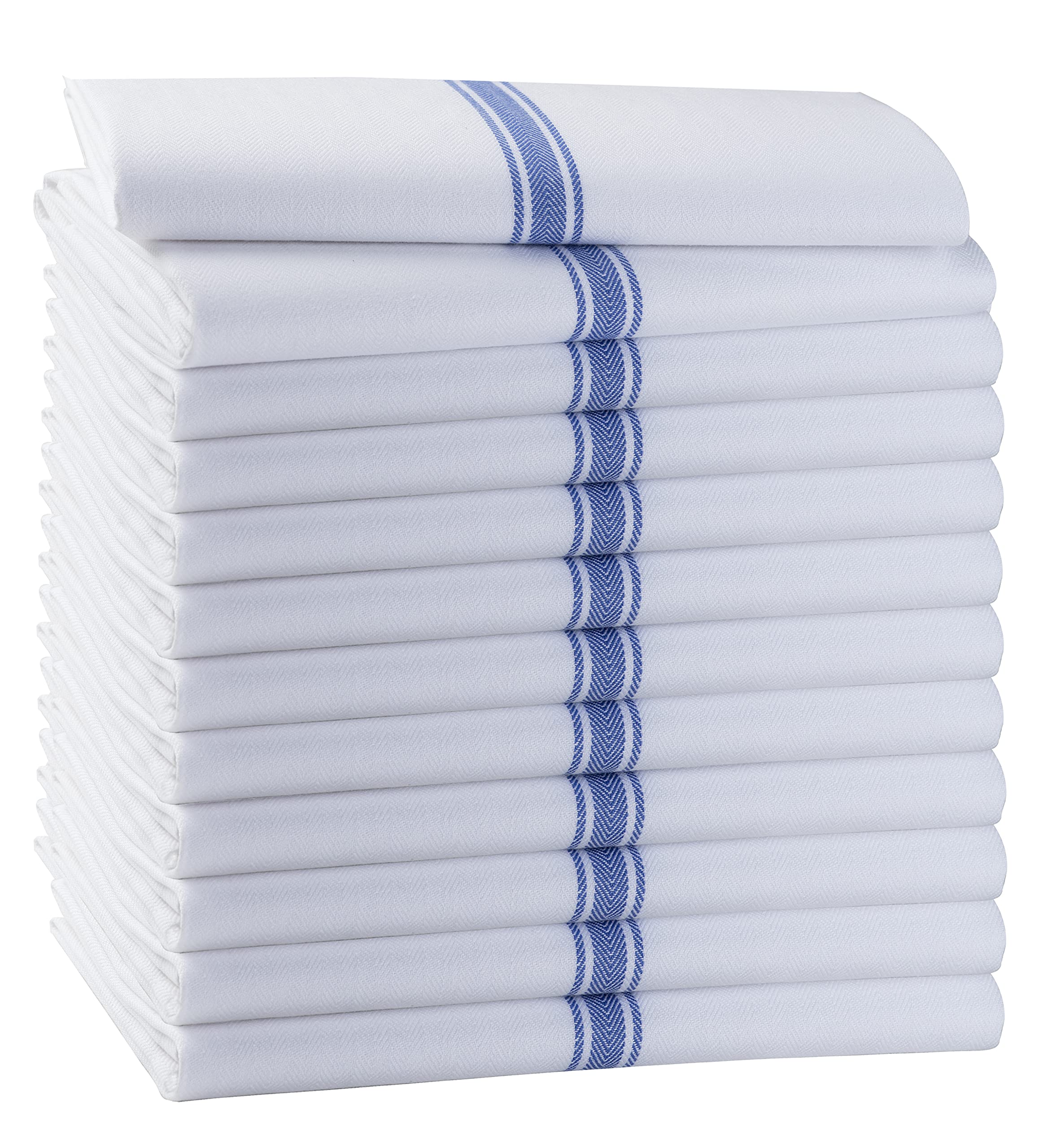 NITRAA Kitchen Towels with Herringbone Weave and Center Stripe - 100% Organic Ring Spun Cotton - Reusable Dish Towels - Highly Absorbent and Lint Free - OEKO-TEX Certified -15”x 26” - Set of 12 (Blue)