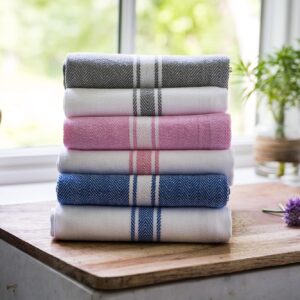 NITRAA Kitchen Towels with Herringbone Weave and Center Stripe - 100% Organic Ring Spun Cotton - Reusable Dish Towels - Highly Absorbent and Lint Free - OEKO-TEX Certified -15”x 26” - Set of 12 (Blue)