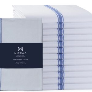 NITRAA Kitchen Towels with Herringbone Weave and Center Stripe - 100% Organic Ring Spun Cotton - Reusable Dish Towels - Highly Absorbent and Lint Free - OEKO-TEX Certified -15”x 26” - Set of 12 (Blue)