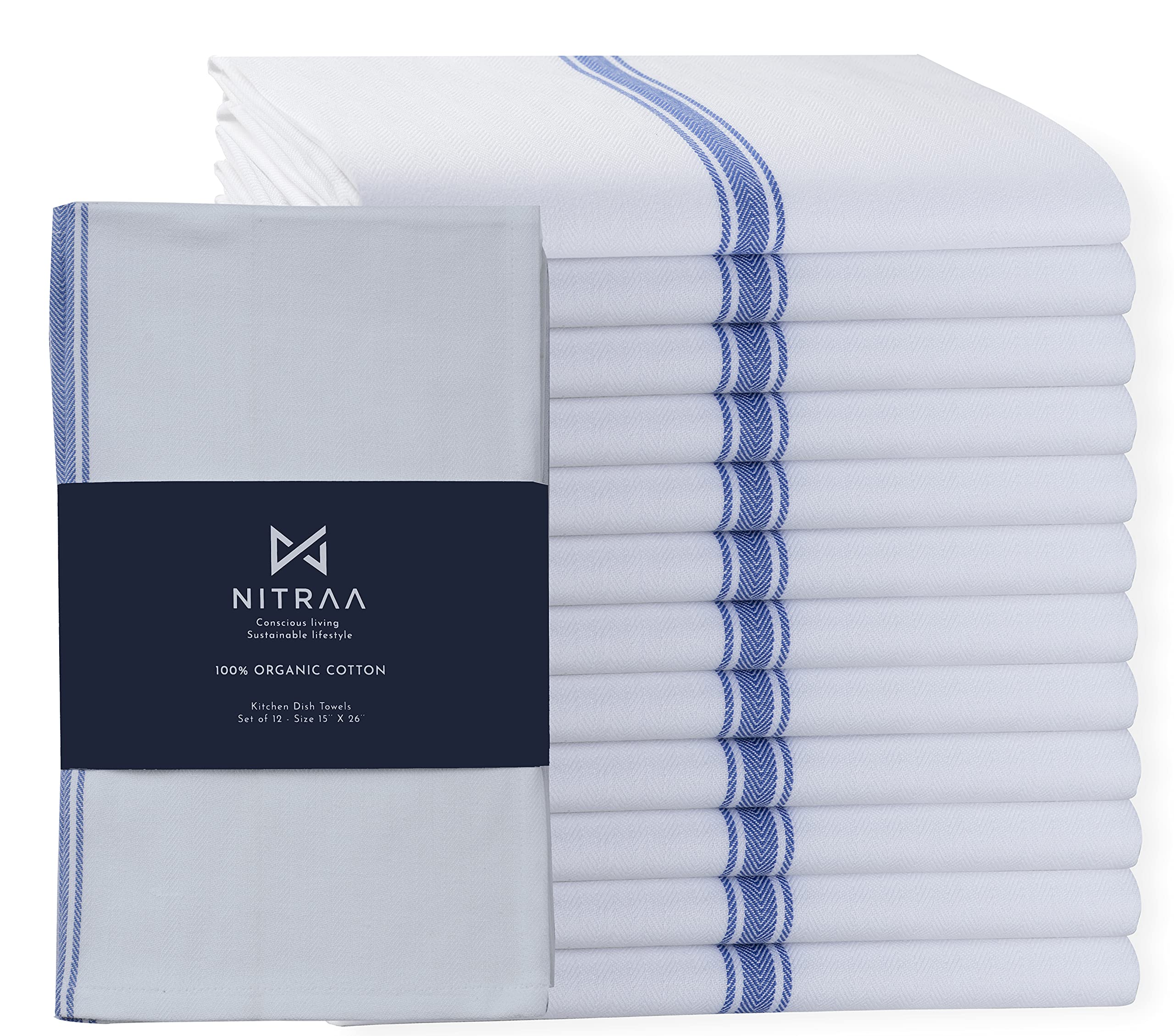 NITRAA Kitchen Towels with Herringbone Weave and Center Stripe - 100% Organic Ring Spun Cotton - Reusable Dish Towels - Highly Absorbent and Lint Free - OEKO-TEX Certified -15”x 26” - Set of 12 (Blue)