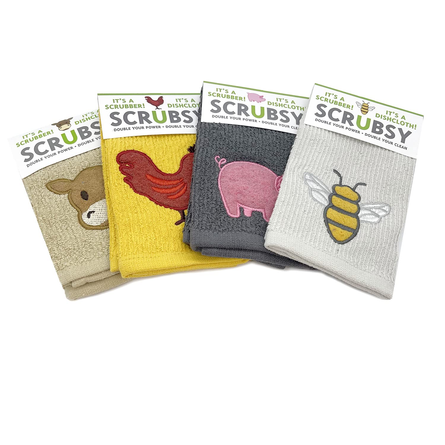 MU Kitchen Scrubsy Dish Cloth Set with Built in Scrubber, Set of 4, Farm Animals