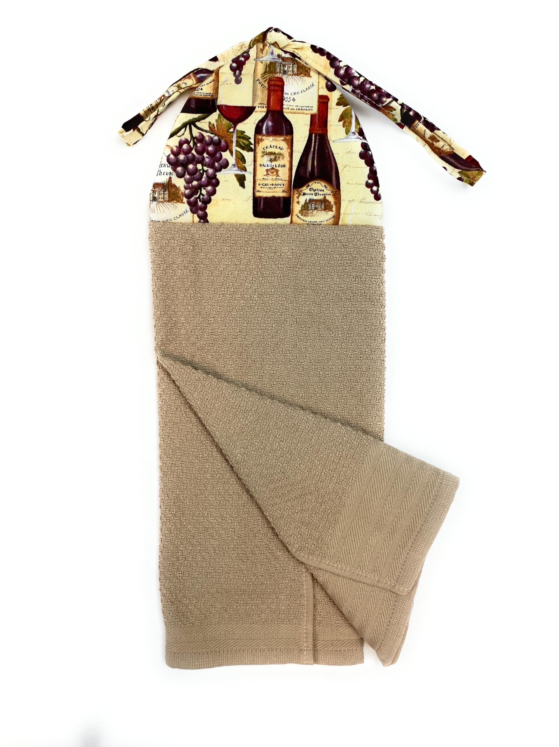 Wine Bottles Glasses and Grapes Ties On Stays Put Tan Kitchen Bathroom Hanging Loop Hand Dish Towel She Who Sews