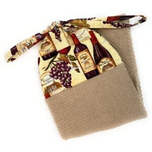 Wine Bottles Glasses and Grapes Ties On Stays Put Tan Kitchen Bathroom Hanging Loop Hand Dish Towel She Who Sews