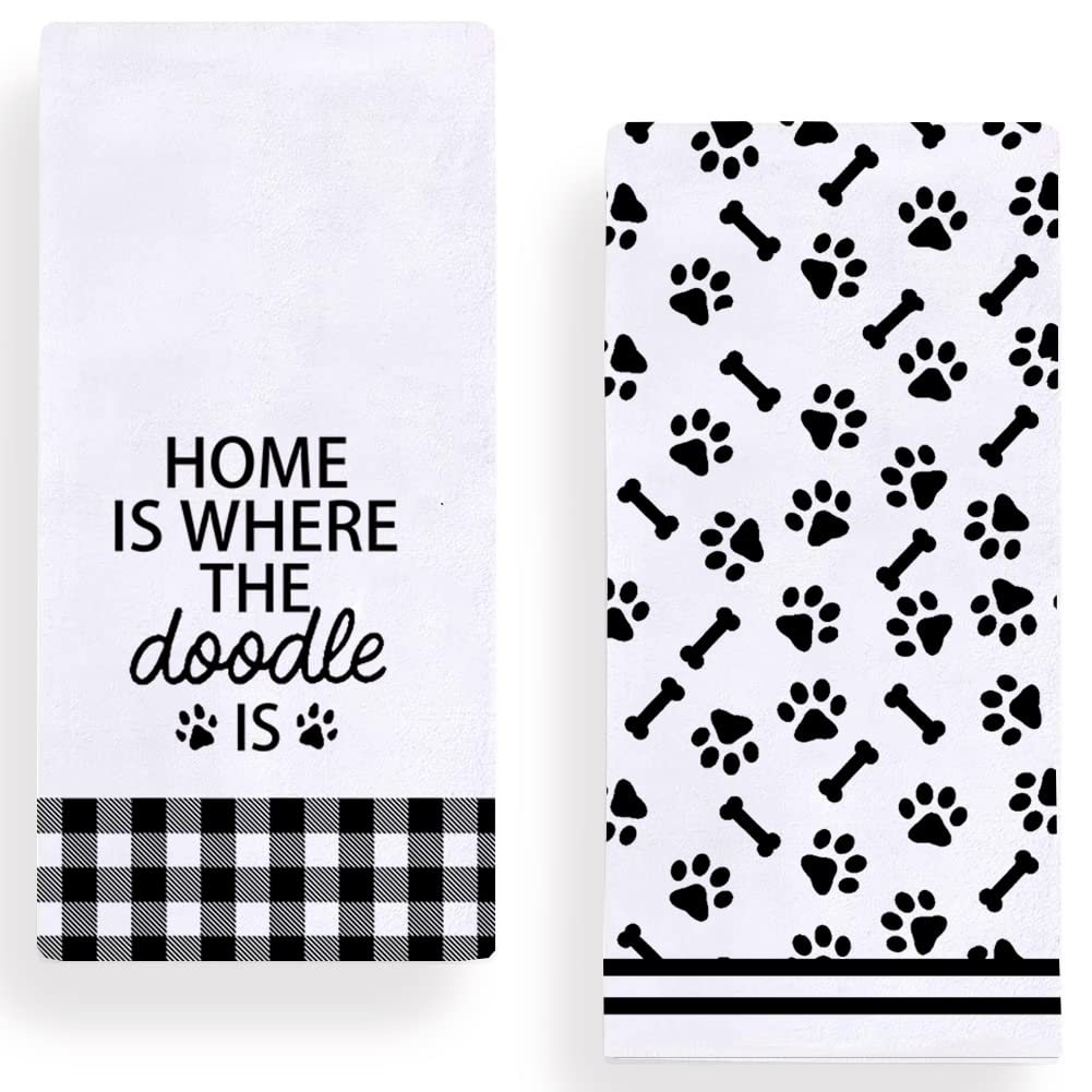 Home is Where The Doodle is Kitchen Dish Towels 18 x 28 Inch Set of 2,Dog Paw Farmhouse Towels Dish Cloth for Cooking Baking