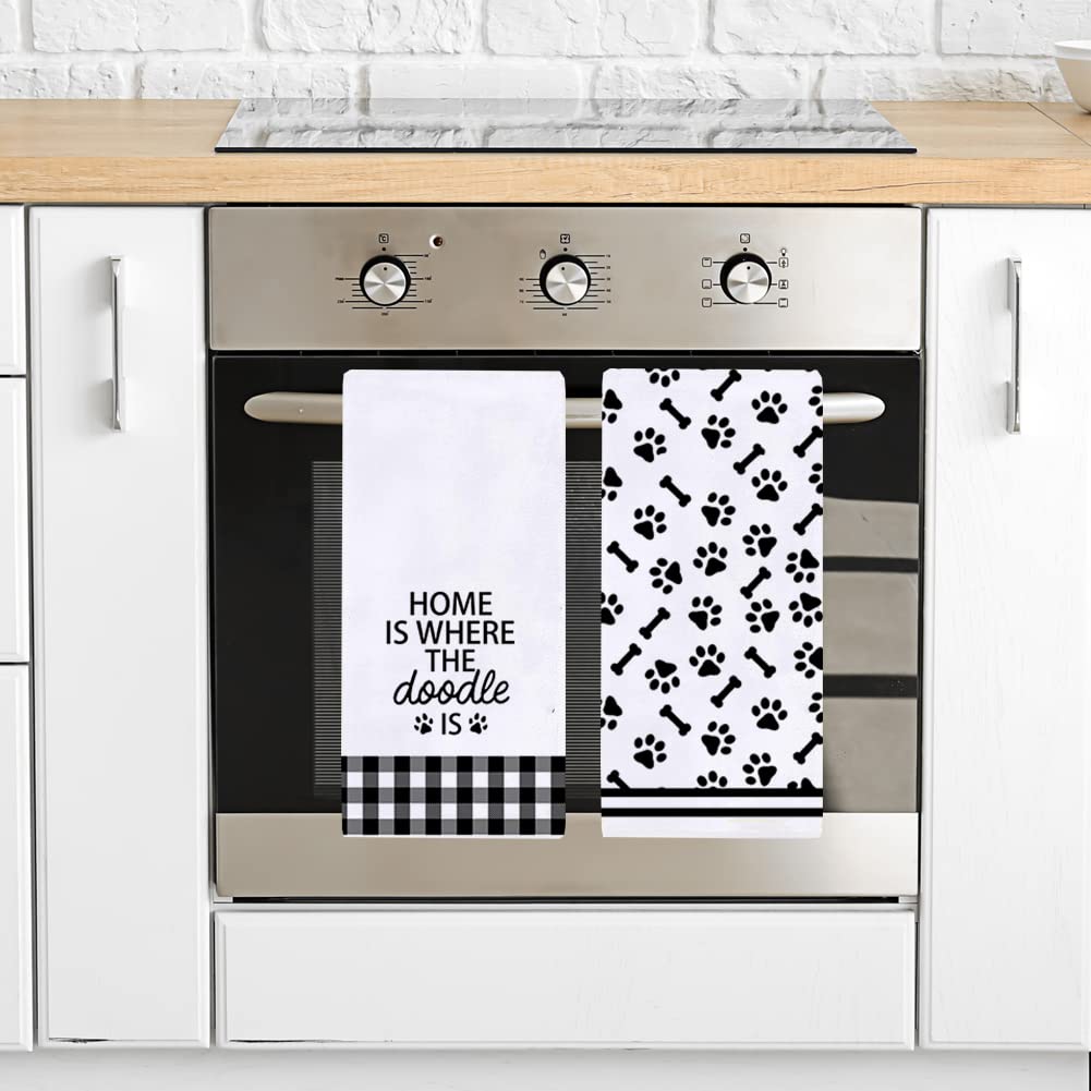 Home is Where The Doodle is Kitchen Dish Towels 18 x 28 Inch Set of 2,Dog Paw Farmhouse Towels Dish Cloth for Cooking Baking