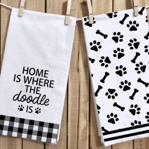 Home is Where The Doodle is Kitchen Dish Towels 18 x 28 Inch Set of 2,Dog Paw Farmhouse Towels Dish Cloth for Cooking Baking