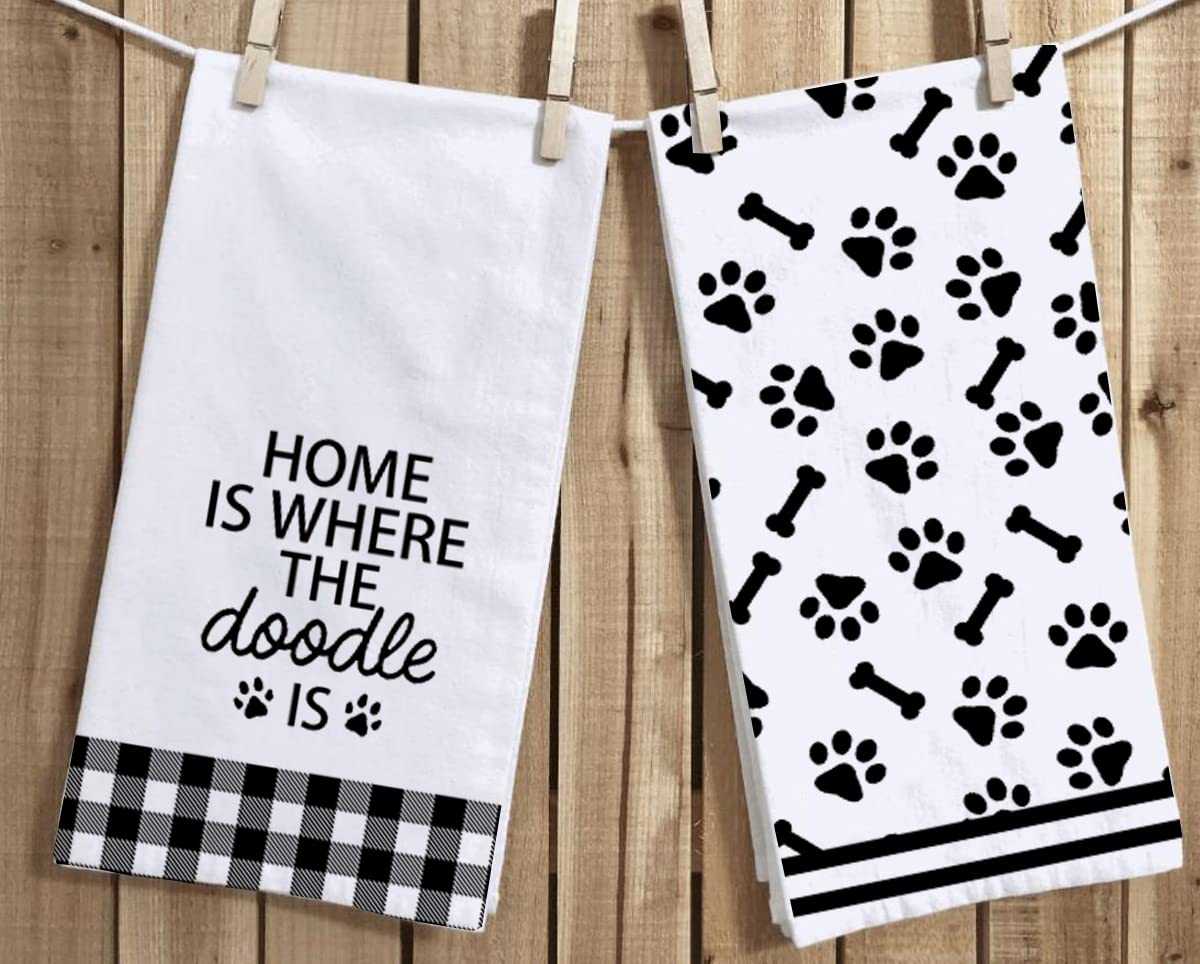 Home is Where The Doodle is Kitchen Dish Towels 18 x 28 Inch Set of 2,Dog Paw Farmhouse Towels Dish Cloth for Cooking Baking