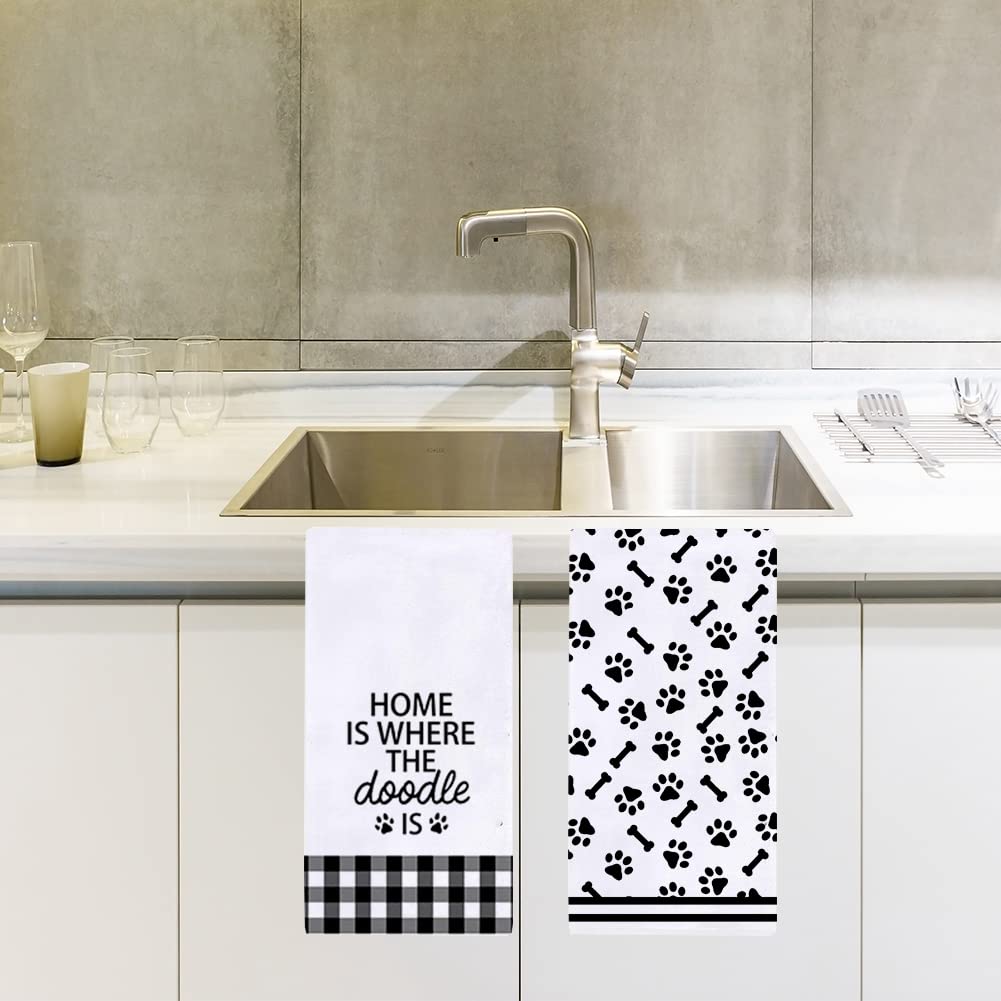 Home is Where The Doodle is Kitchen Dish Towels 18 x 28 Inch Set of 2,Dog Paw Farmhouse Towels Dish Cloth for Cooking Baking