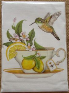 mary lake thompson flour sack towel - lemon teacup with hummingbird