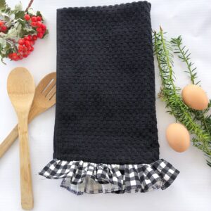 Waffle Kitchen Towel, Black and White Buffalo Plaid Ruffle Embellishment, Farmhouse Home Decor, Drying Dishclothes