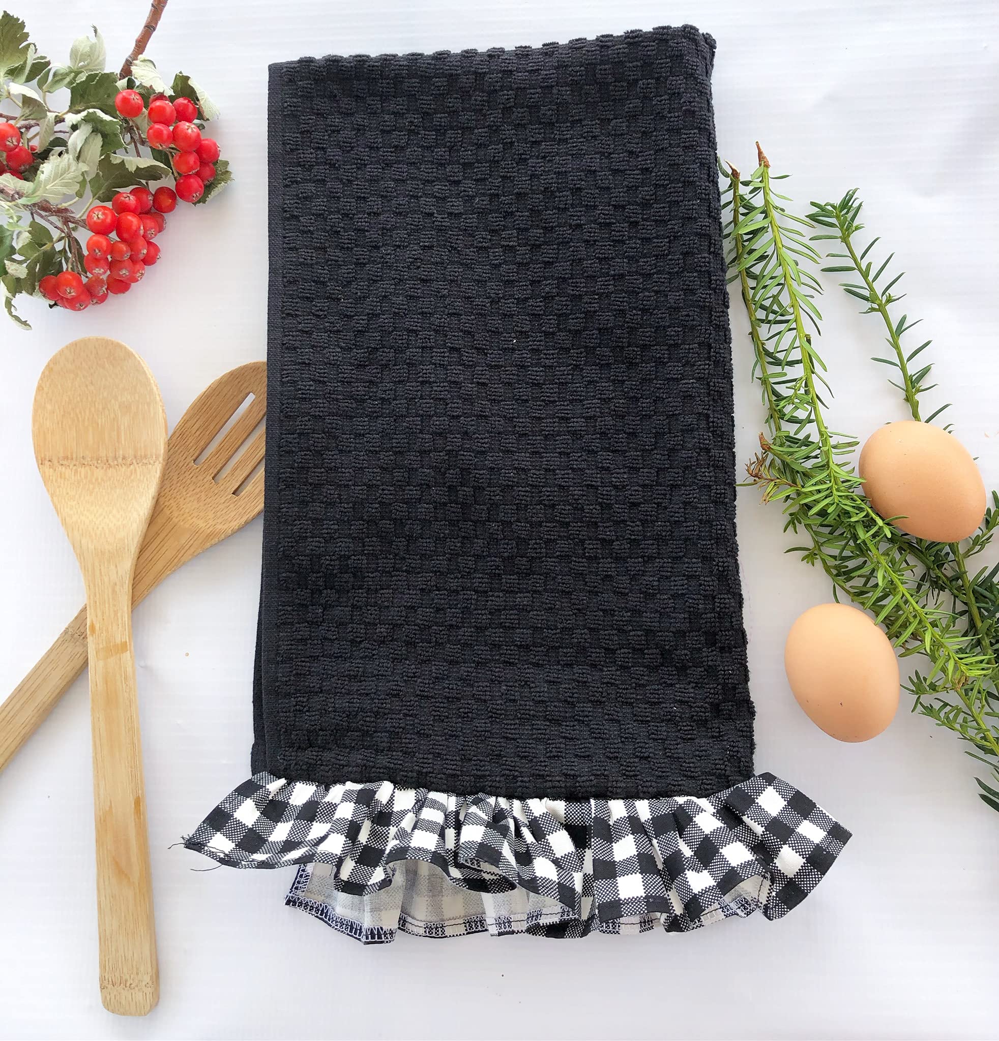 Waffle Kitchen Towel, Black and White Buffalo Plaid Ruffle Embellishment, Farmhouse Home Decor, Drying Dishclothes