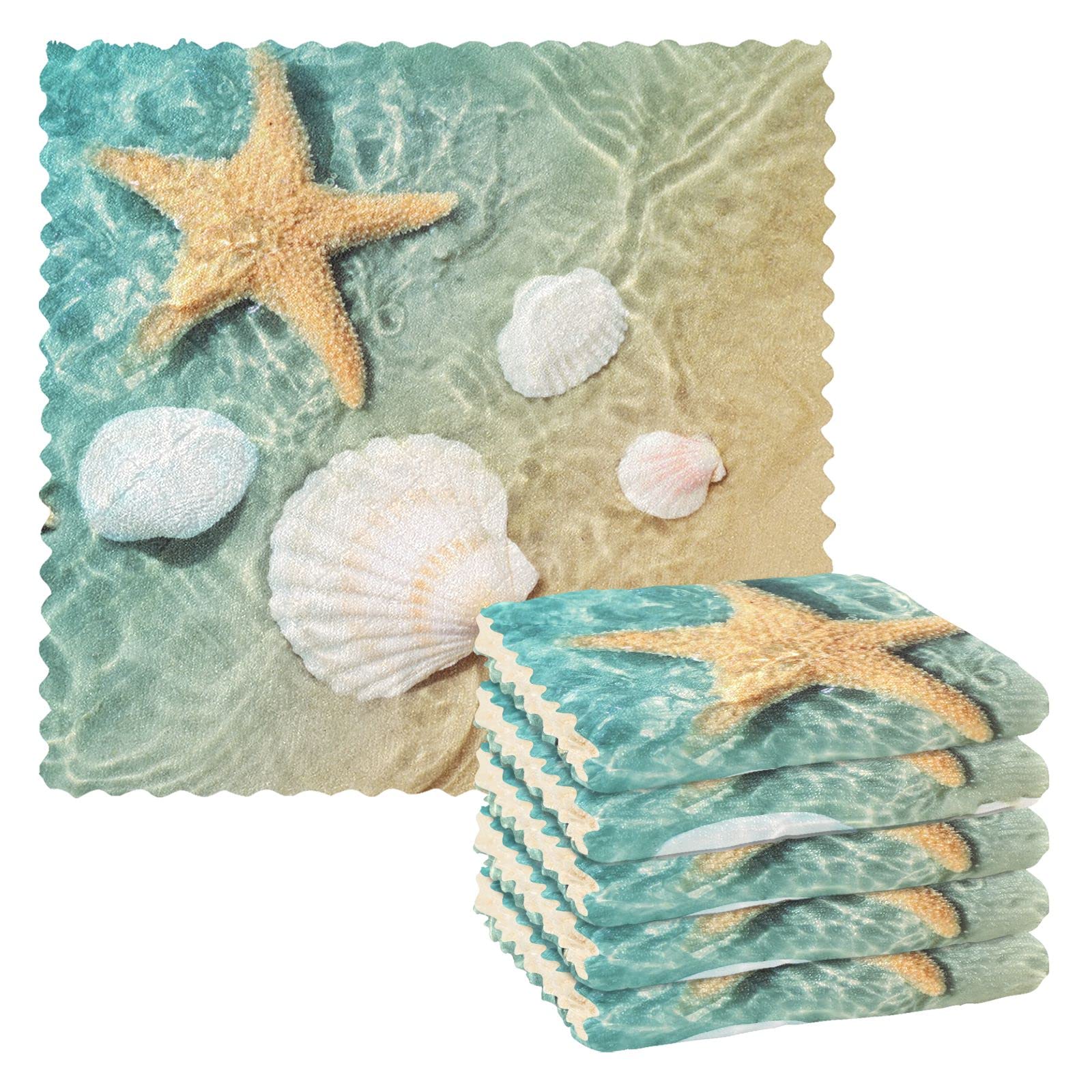 SUABO Seashell Starfish Kitchen Dishcloths, 6 Pack Dish Towels Quick Drying Tea Towels Absorbent Cleaning Towels Tableware Towel for Kitchen Bathroom