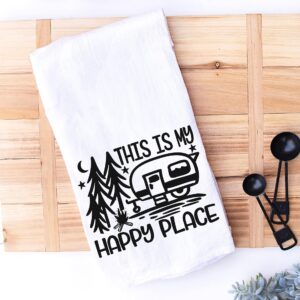 Handmade Funny Camping Kitchen Towel - 100% Cotton Funny Sayings Dish Towel for RV Camping Accessories- 28x28 Inch Perfect for Housewarming-Christmas-Camping Gifts (This is My Happy Place)