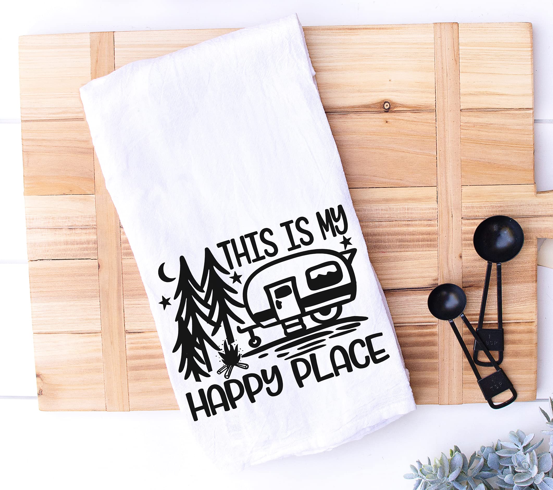 Handmade Funny Camping Kitchen Towel - 100% Cotton Funny Sayings Dish Towel for RV Camping Accessories- 28x28 Inch Perfect for Housewarming-Christmas-Camping Gifts (This is My Happy Place)