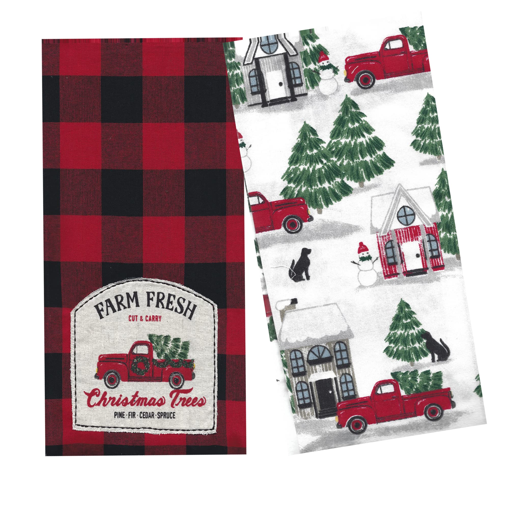 St. Nicholas Square Kitchen Hand Towels, Set of 2, Farm Fresh Christmas Trees Appliqued Embroidery Red Truck, Red and Black Buffalo Plaid Flat Cotton Dishtowels for Home Decorating