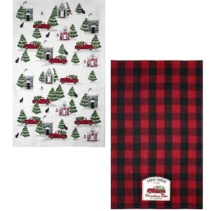 St. Nicholas Square Kitchen Hand Towels, Set of 2, Farm Fresh Christmas Trees Appliqued Embroidery Red Truck, Red and Black Buffalo Plaid Flat Cotton Dishtowels for Home Decorating