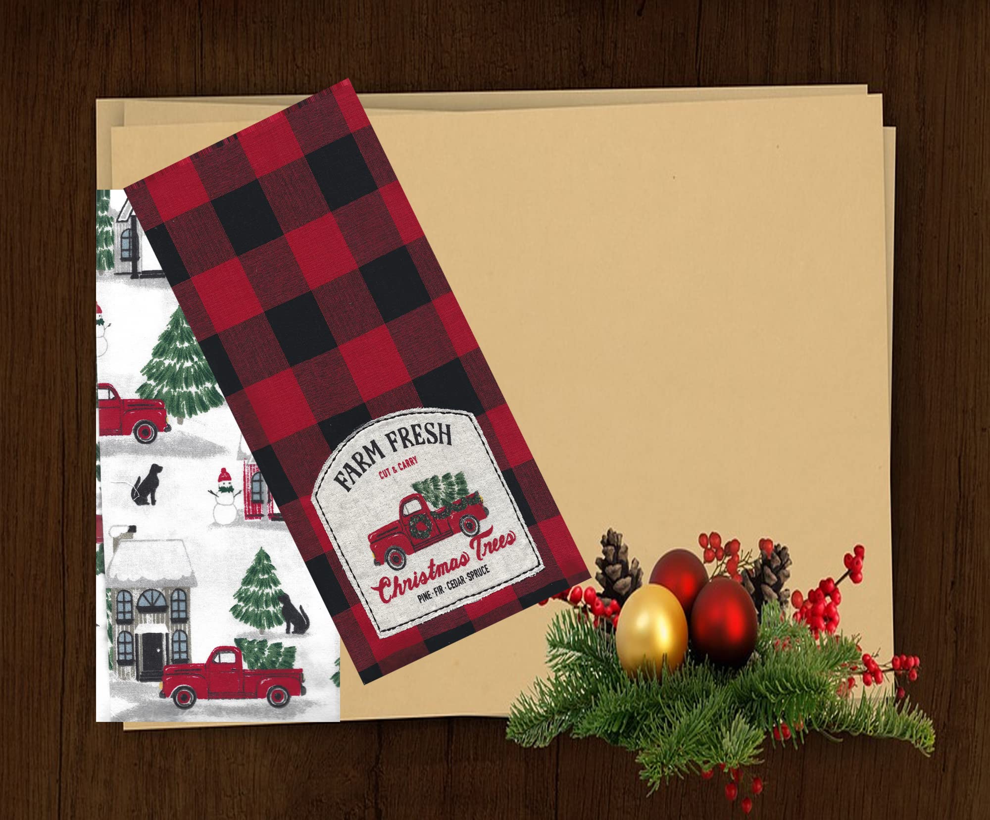 St. Nicholas Square Kitchen Hand Towels, Set of 2, Farm Fresh Christmas Trees Appliqued Embroidery Red Truck, Red and Black Buffalo Plaid Flat Cotton Dishtowels for Home Decorating