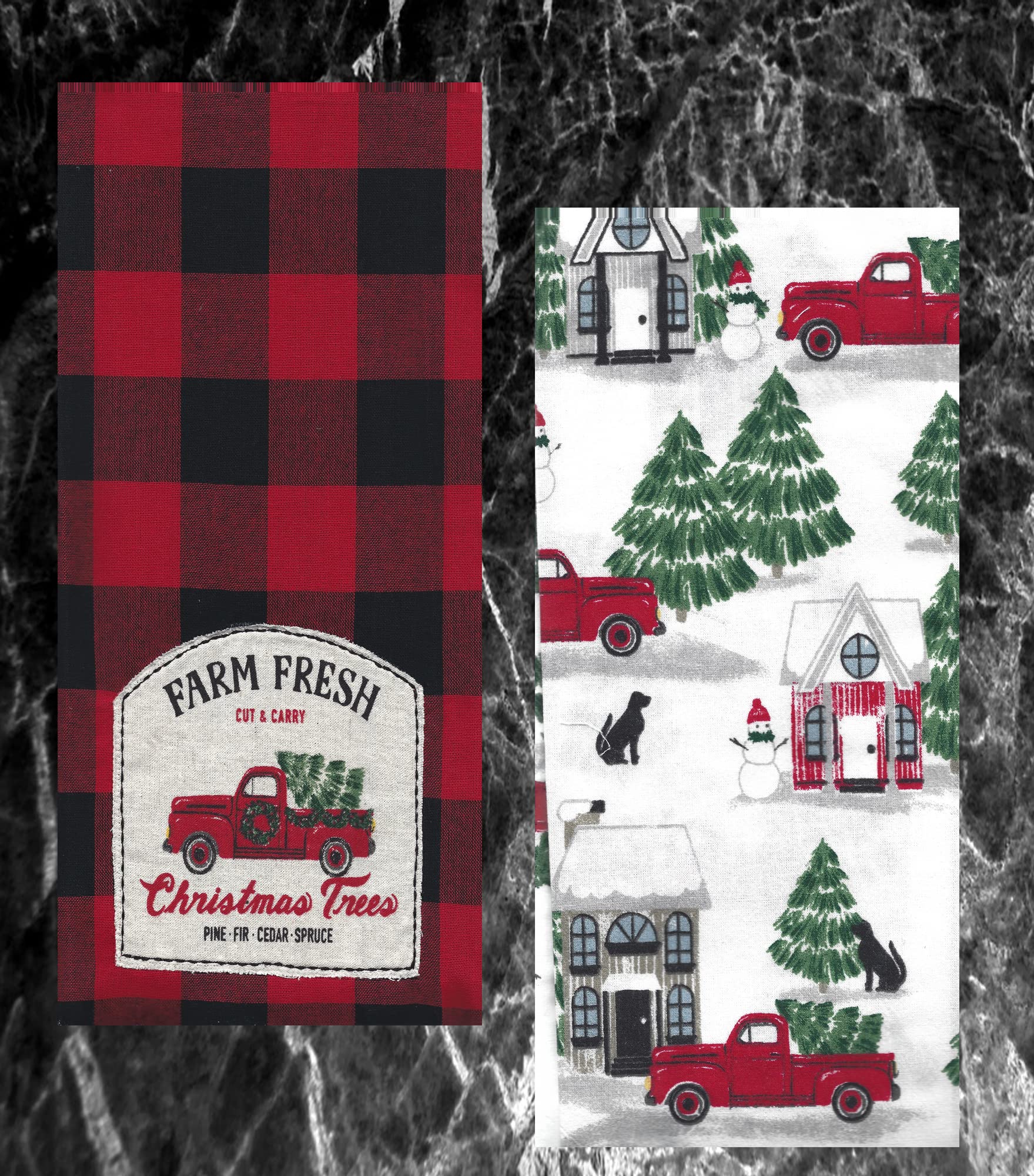 St. Nicholas Square Kitchen Hand Towels, Set of 2, Farm Fresh Christmas Trees Appliqued Embroidery Red Truck, Red and Black Buffalo Plaid Flat Cotton Dishtowels for Home Decorating