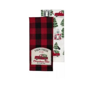 St. Nicholas Square Kitchen Hand Towels, Set of 2, Farm Fresh Christmas Trees Appliqued Embroidery Red Truck, Red and Black Buffalo Plaid Flat Cotton Dishtowels for Home Decorating