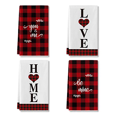 Artoid Mode Buffalo Plaid Kitchen Dish Towels, 18 x 26 Inch Seasonal Valentine's Day Anniversary Wedding Ultra Absorbent Drying Cloth Tea Towels for Cooking Baking Set of 4