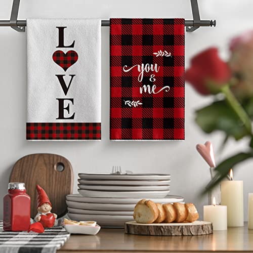 Artoid Mode Buffalo Plaid Kitchen Dish Towels, 18 x 26 Inch Seasonal Valentine's Day Anniversary Wedding Ultra Absorbent Drying Cloth Tea Towels for Cooking Baking Set of 4