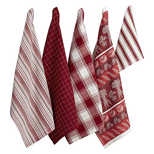 DII Assorted Pattern, Kitchen Collection, Dishtowels & Dishcloth, Garnet, 5 Piece