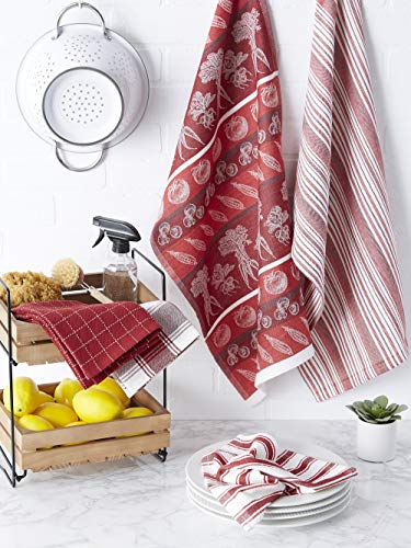 DII Assorted Pattern, Kitchen Collection, Dishtowels & Dishcloth, Garnet, 5 Piece