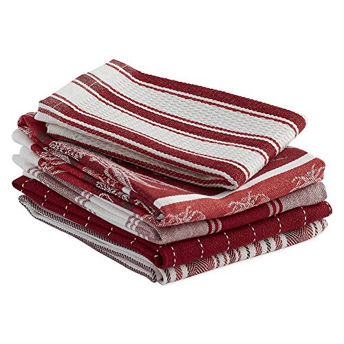 DII Assorted Pattern, Kitchen Collection, Dishtowels & Dishcloth, Garnet, 5 Piece