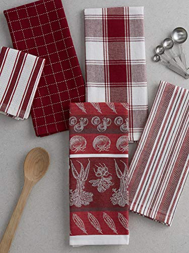 DII Assorted Pattern, Kitchen Collection, Dishtowels & Dishcloth, Garnet, 5 Piece