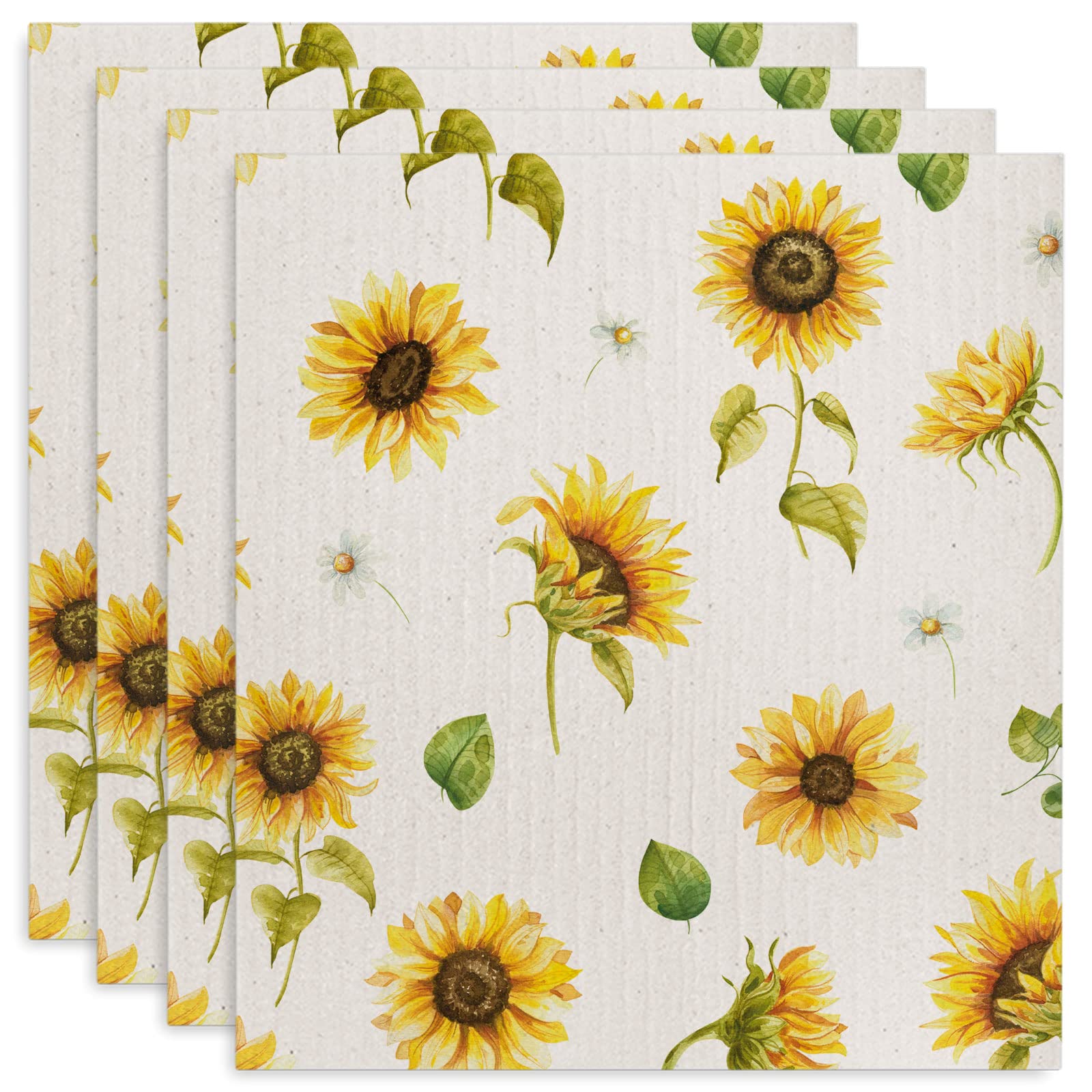 Whaline Sunflower Swedish Kitchen Dishcloth Watercolor Spring Summer Flower Cotton Kitchen Towel Floral Absorbent Dishcloth for Party Home Housewarming Cleaning Counter Wipes, 7 x 8 Inch, 4Pcs