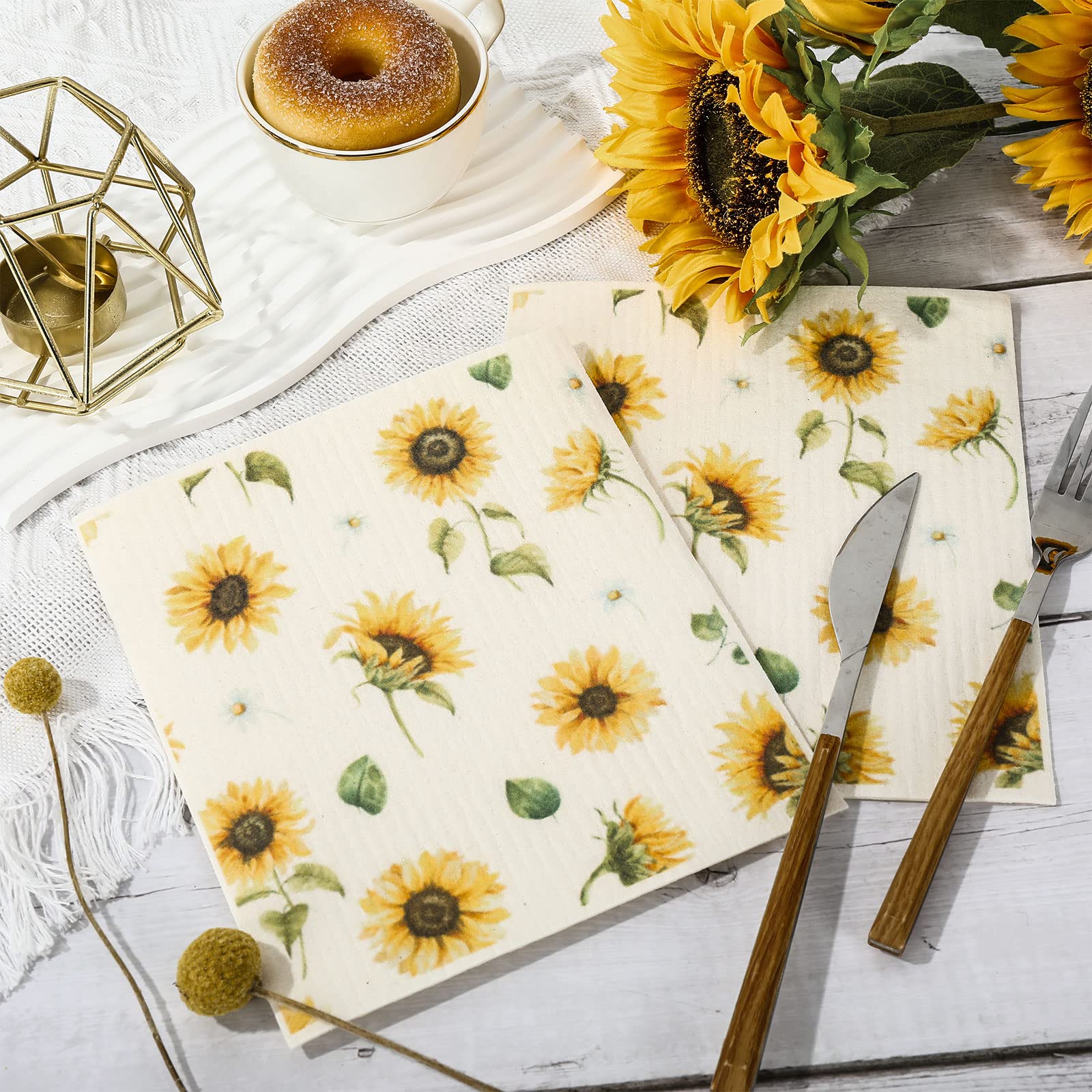 Whaline Sunflower Swedish Kitchen Dishcloth Watercolor Spring Summer Flower Cotton Kitchen Towel Floral Absorbent Dishcloth for Party Home Housewarming Cleaning Counter Wipes, 7 x 8 Inch, 4Pcs