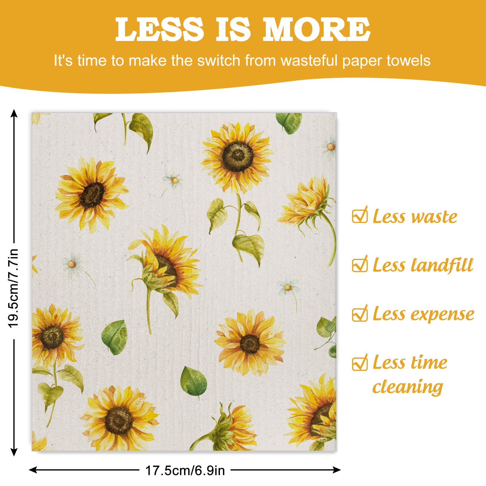 Whaline Sunflower Swedish Kitchen Dishcloth Watercolor Spring Summer Flower Cotton Kitchen Towel Floral Absorbent Dishcloth for Party Home Housewarming Cleaning Counter Wipes, 7 x 8 Inch, 4Pcs