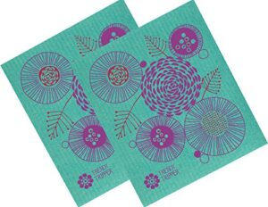 trendy tripper swedish dishcloth, jenn ski mid-century modern design: set of 2 same color floral flowers (red + purple on turquoise)