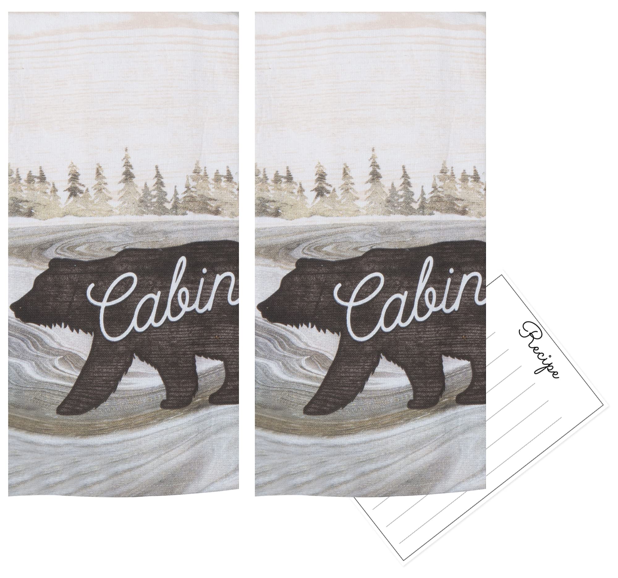 2 Rustic Lodge Dish Towels - Bear Themed Dish Towels | Wilderness Animals Woodland Themed Cabin Kitchen Towels | Camping Dish Towel Set for Hand, Cabin Dishes, Bathroom, Hunting Decor with Recipe Card