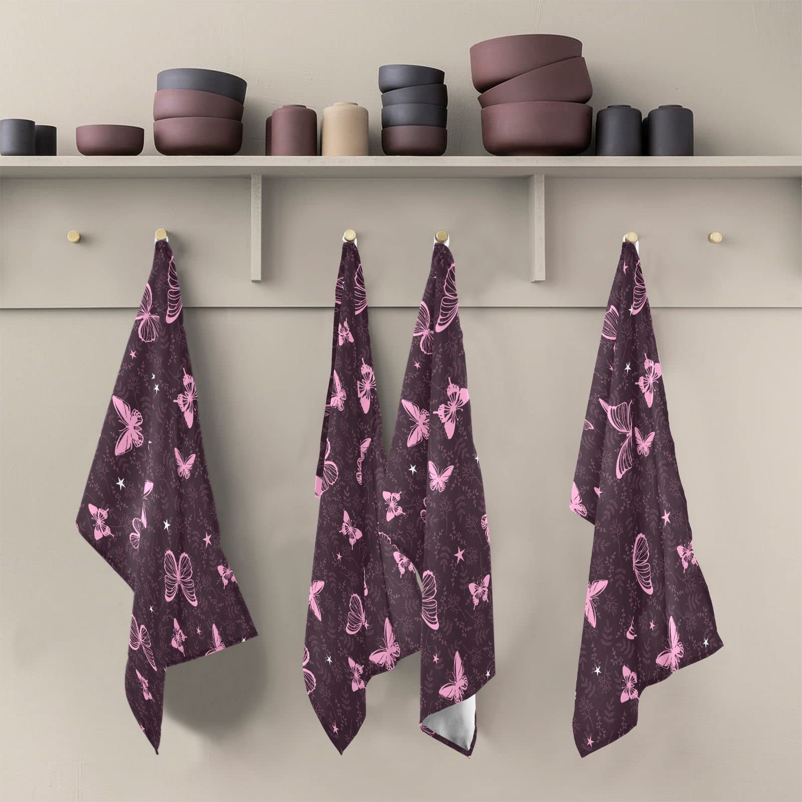 Kigai Pink Butterfly Kitchen Towels Set of 4, Ultra Soft Absorbent Dish Towels Bathroom Hand Towels Reusable Cleaning Cloths Tea Towels 28 x 18 Inch