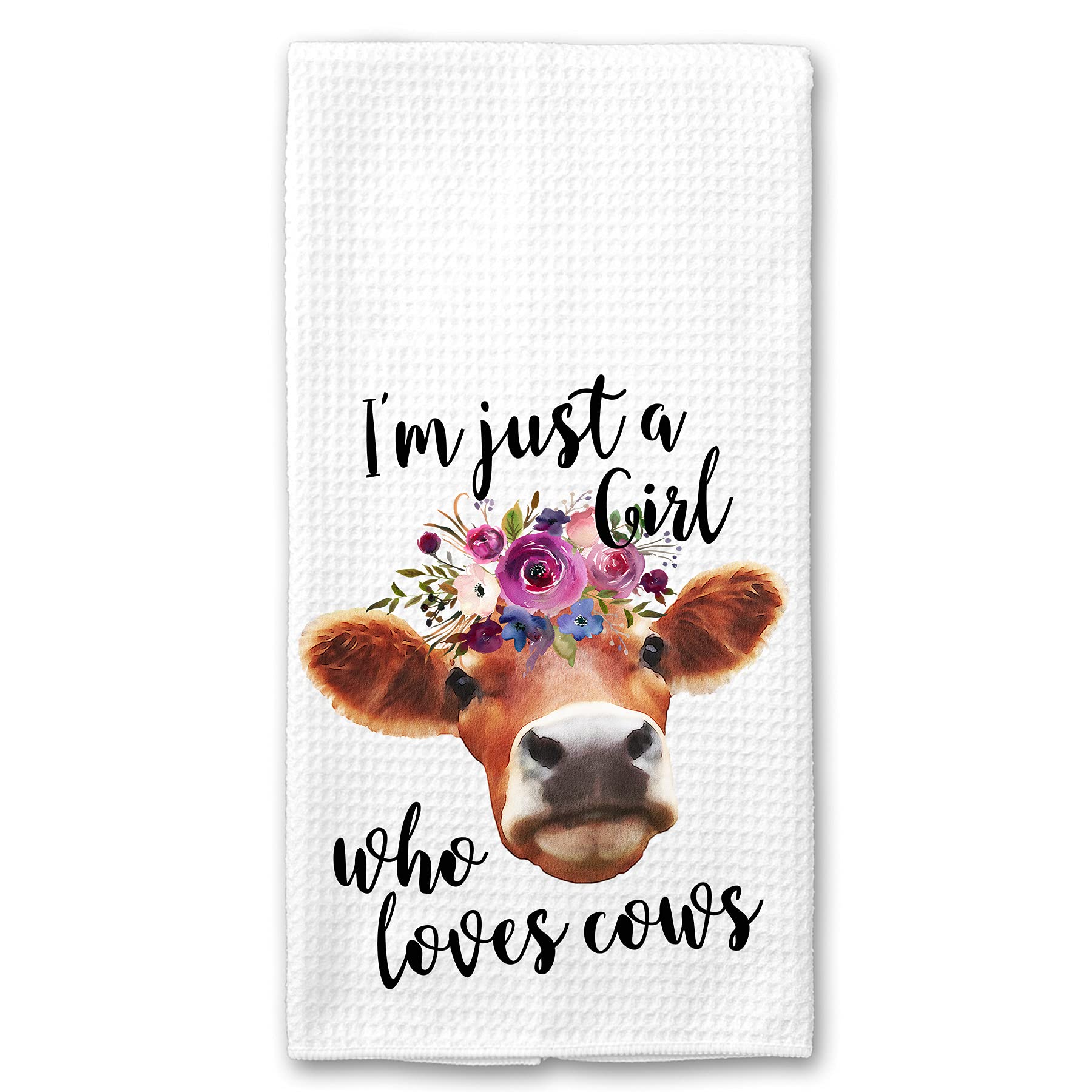 I'm Just a Girl Who Loves Cows Funny Brown Cow Floral Microfiber Waffle Kitchen Towel Farm Gift for Her