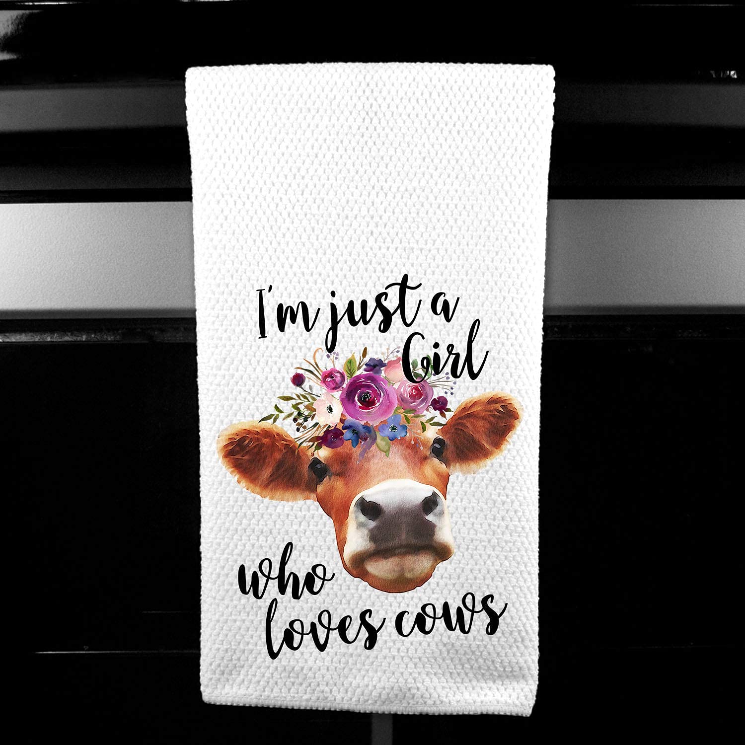 I'm Just a Girl Who Loves Cows Funny Brown Cow Floral Microfiber Waffle Kitchen Towel Farm Gift for Her