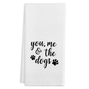 qiyuhoy you me and the dogs kitchen towels tea towels, 16 x 24 inches cotton modern dish towels dishcloths, dish cloth flour sack hand towel for farmhouse kitchen decor,gifts for dog lovers girls