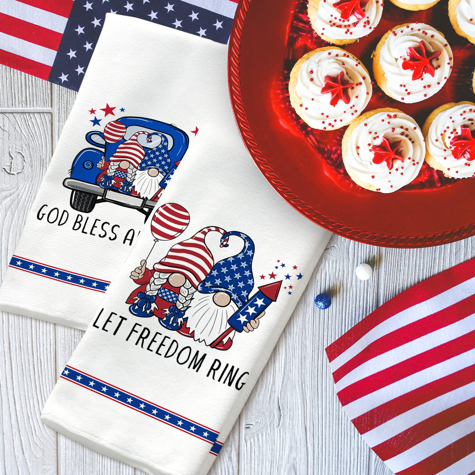 AnyDesign Patriotic Kitchen Towel 4th of July Gnome Truck Dish Cloth 18 x 28 Inch God Bless America Decorative Hand Drying Tea Towel for Independence Day Memorial Day Cooking Baking, 2Pcs