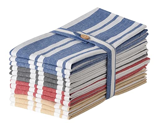 Lushomes Stripes Kitchen Towels, Set of 12, Cotton Super Soft and Absorbent Dish Towels for Kitchen Decoratives, Baking and Crafting, 16X28 Inch, Beige/Red/Grey/Blue