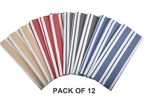 Lushomes Stripes Kitchen Towels, Set of 12, Cotton Super Soft and Absorbent Dish Towels for Kitchen Decoratives, Baking and Crafting, 16X28 Inch, Beige/Red/Grey/Blue