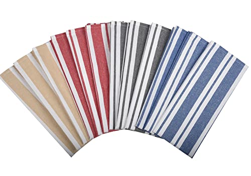 Lushomes Stripes Kitchen Towels, Set of 12, Cotton Super Soft and Absorbent Dish Towels for Kitchen Decoratives, Baking and Crafting, 16X28 Inch, Beige/Red/Grey/Blue