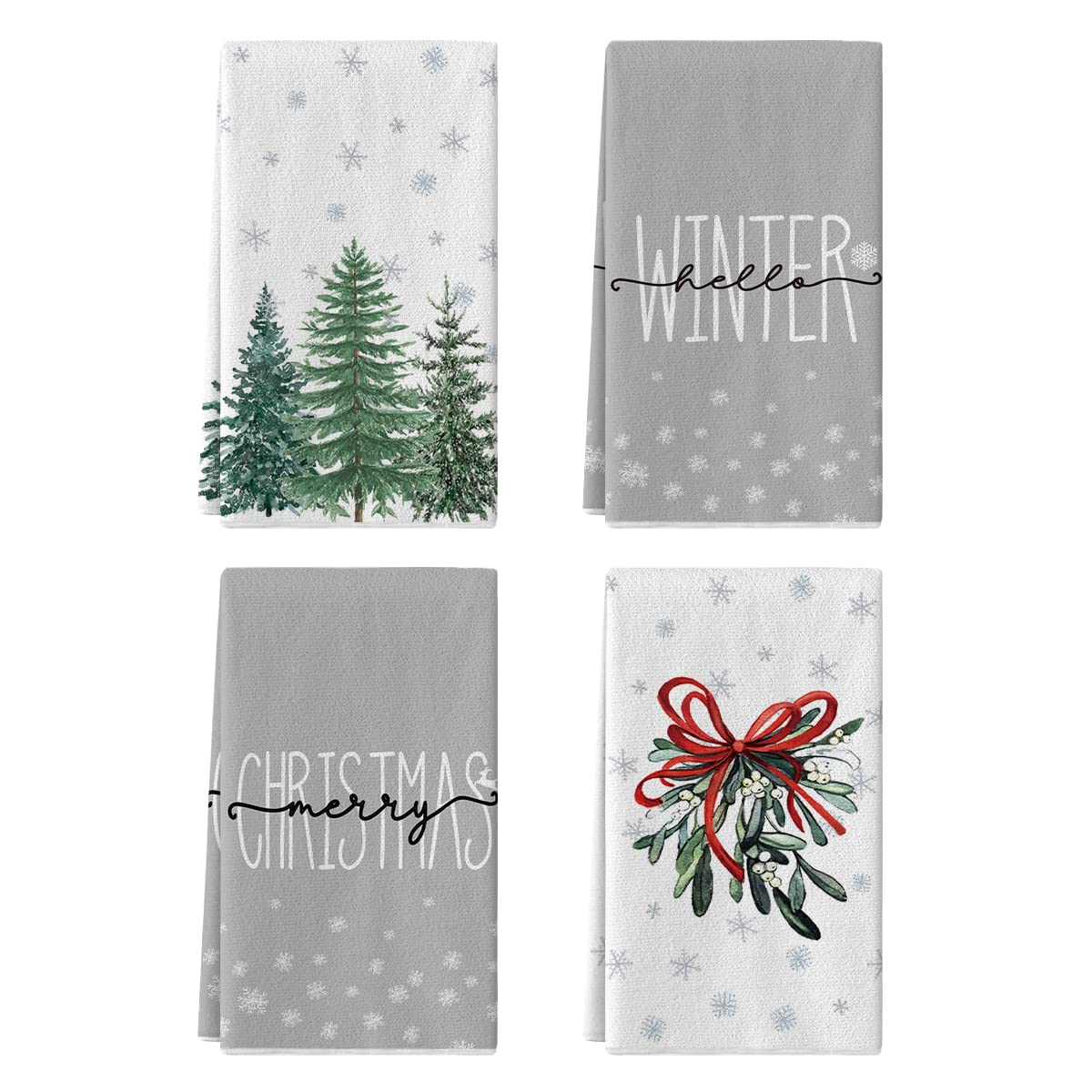 Artoid Mode Mistletoe Snowflake Tree Merry Christmas Kitchen Towels Dish Towels, 18x26 Inch Seasonal Hello Winter Decoration Hand Towels Set of 4