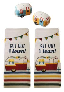 vintage camper 4 piece kitchen decor bundle, 2 tea towels and salt & pepper shaker set