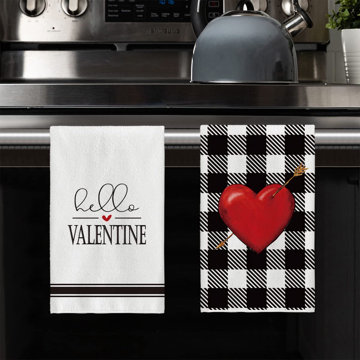 Artoid Mode Buffalo Plaid Arrow Heart Love You More Love You Most Valentine's Day Home Kitchen Towels, 18 x 26 Inch Holiday Ultra Absorbent Drying Cloth Dish Towels for Cooking Baking Set of 2