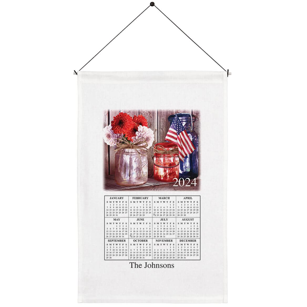 Personalized 1 Year Calendar Towel, God Bless America Design- Included Dowel and Hanging String Allow for Instant Hanging - Linen and Cotton Blend, 16 in. by 27 in. – Housewarming or Wedding Gift