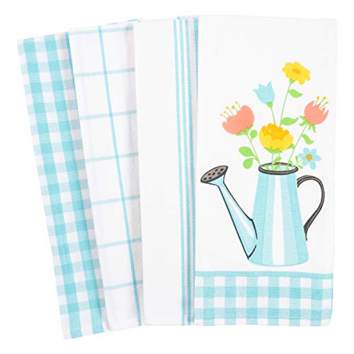 KAF Home Pantry Kitchen Dish Towel Set of 4, Cotton Rich, 18 x 28-inch (Gingham Bouquet Watering Can Flower Pot)