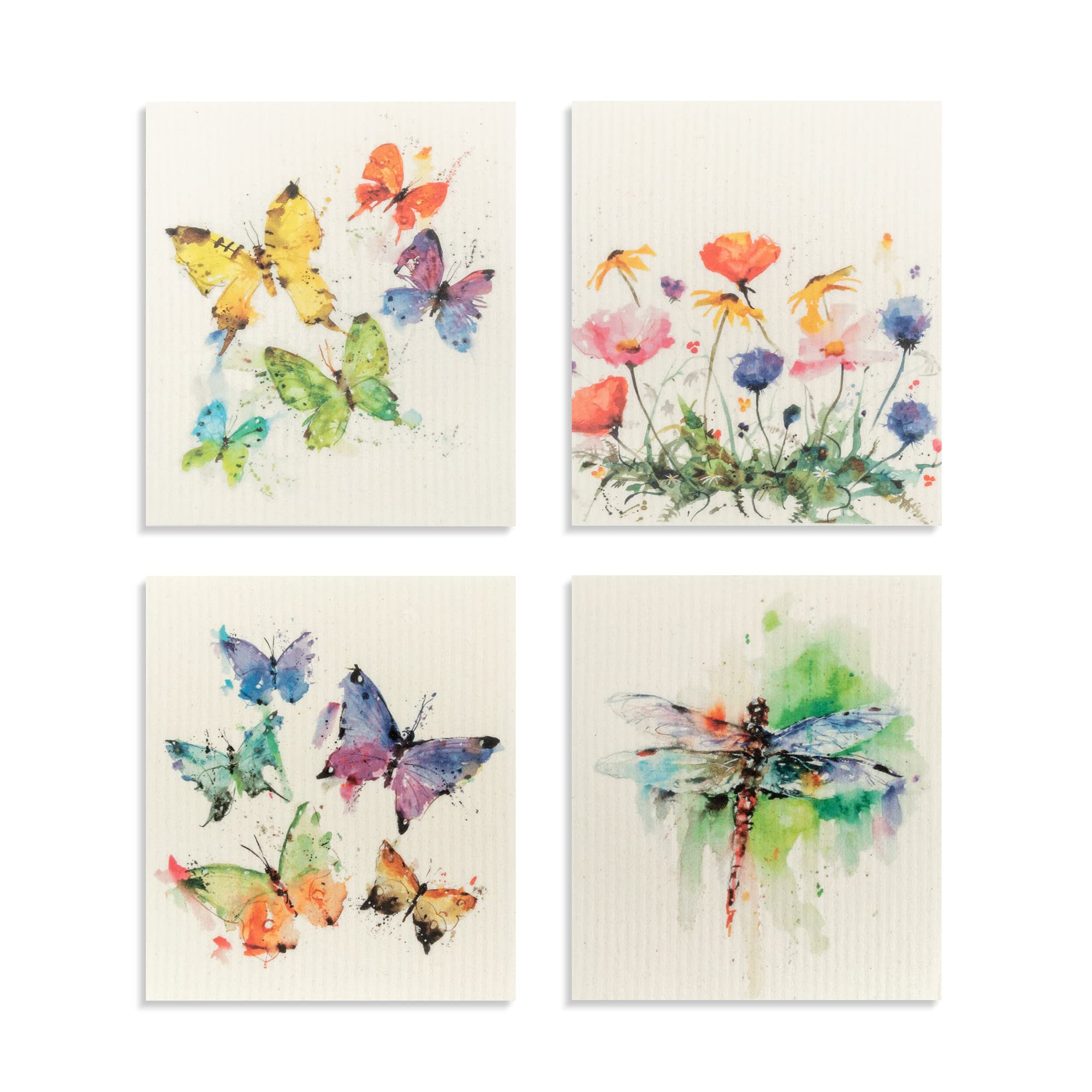 DEMDACO Watercolor Butterfly and Floral 6 x 7 Cotton Blend Biodegradable Dish Cloths Set of 4