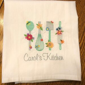 Personalized embroidered tea towel, spring kitchen utensils, flour sack dish towel, bridal shower or wedding gift under 20