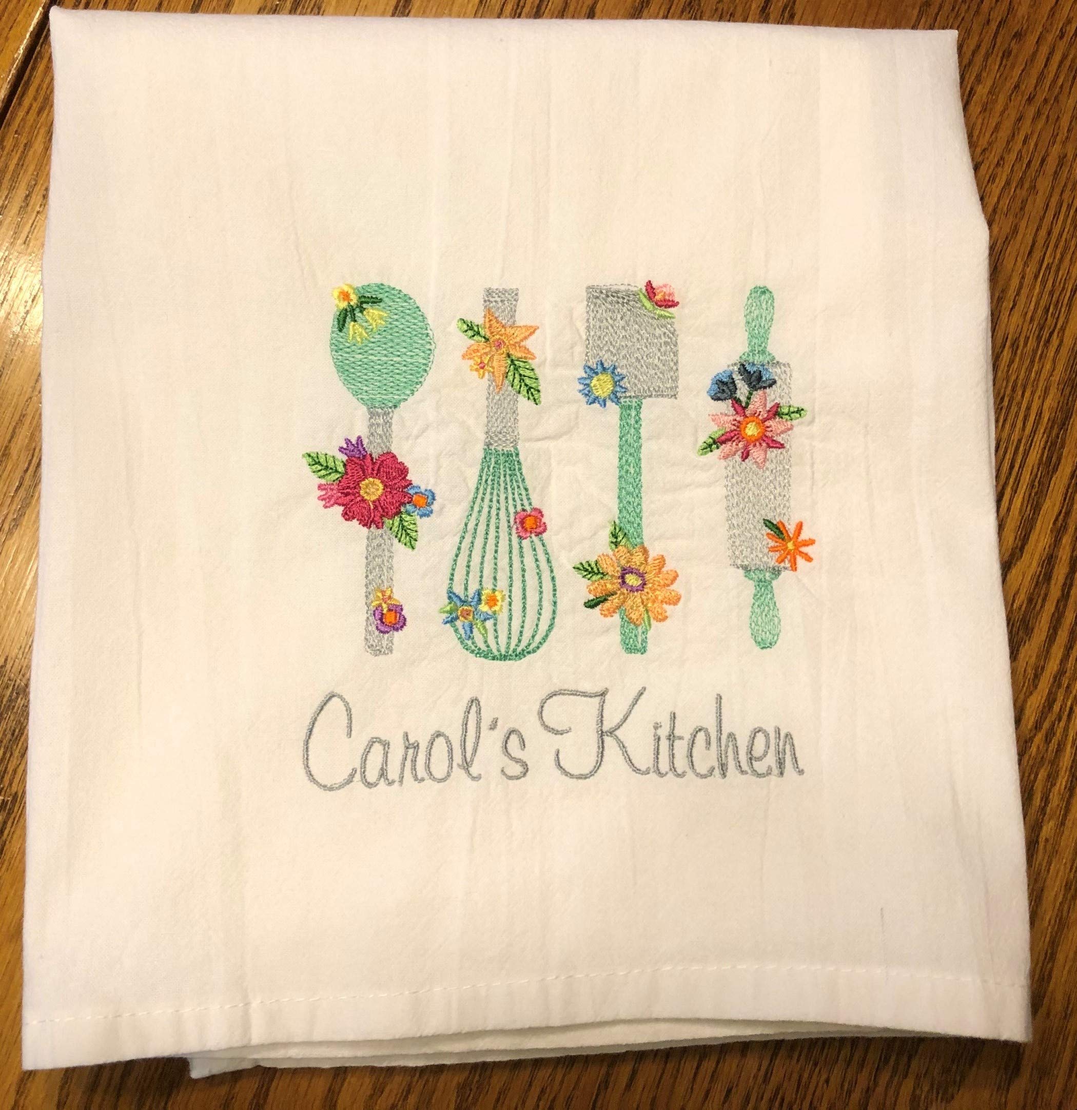 Personalized embroidered tea towel, spring kitchen utensils, flour sack dish towel, bridal shower or wedding gift under 20